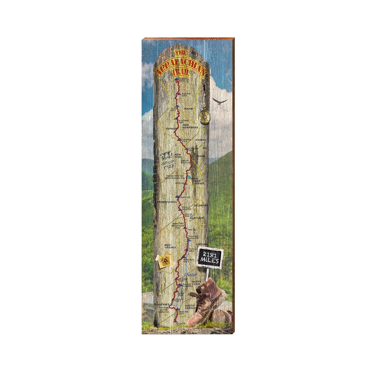 Appalachian Trail Map Sign | Real Art Print on Wood
