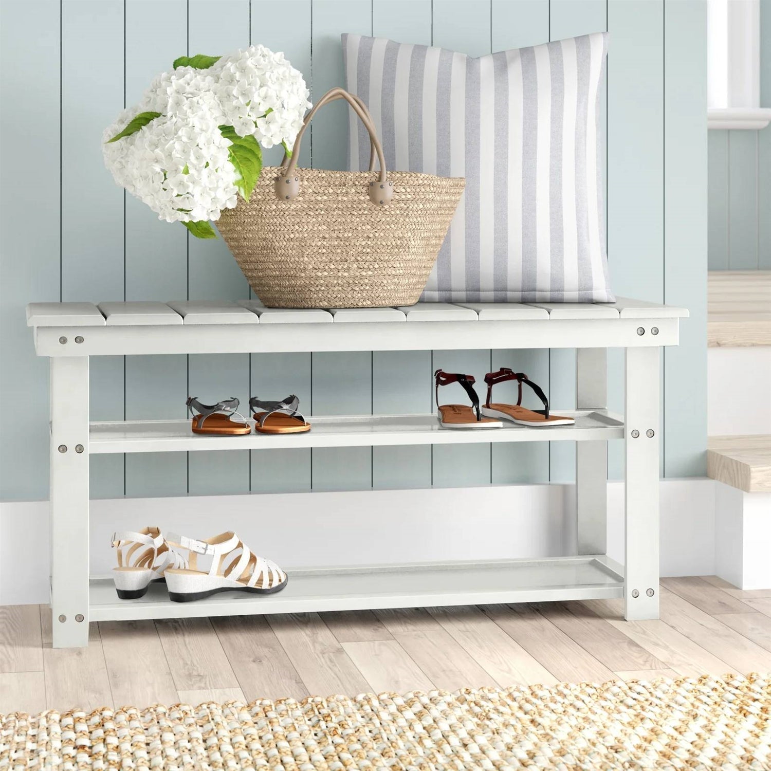 White Slatted Wood 2-Shelf Shoe Rack Storage Bench For Entryway or Clo