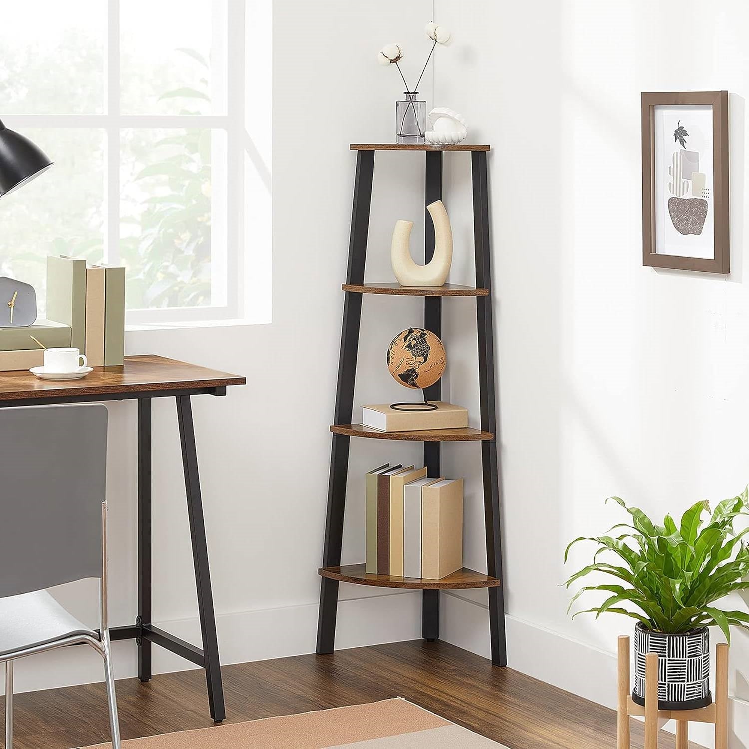 Narrow 3-Shelf Corner Shelving Unit Plant Stand Bookcase in Brown Blac