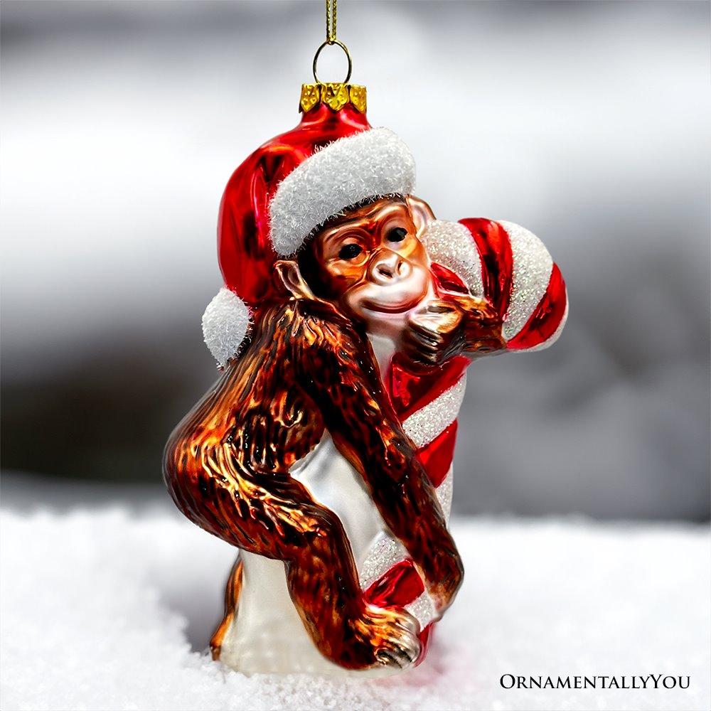 Cute Monkey with Candy Cane Glass Christmas Ornament, Adorable Chimp H