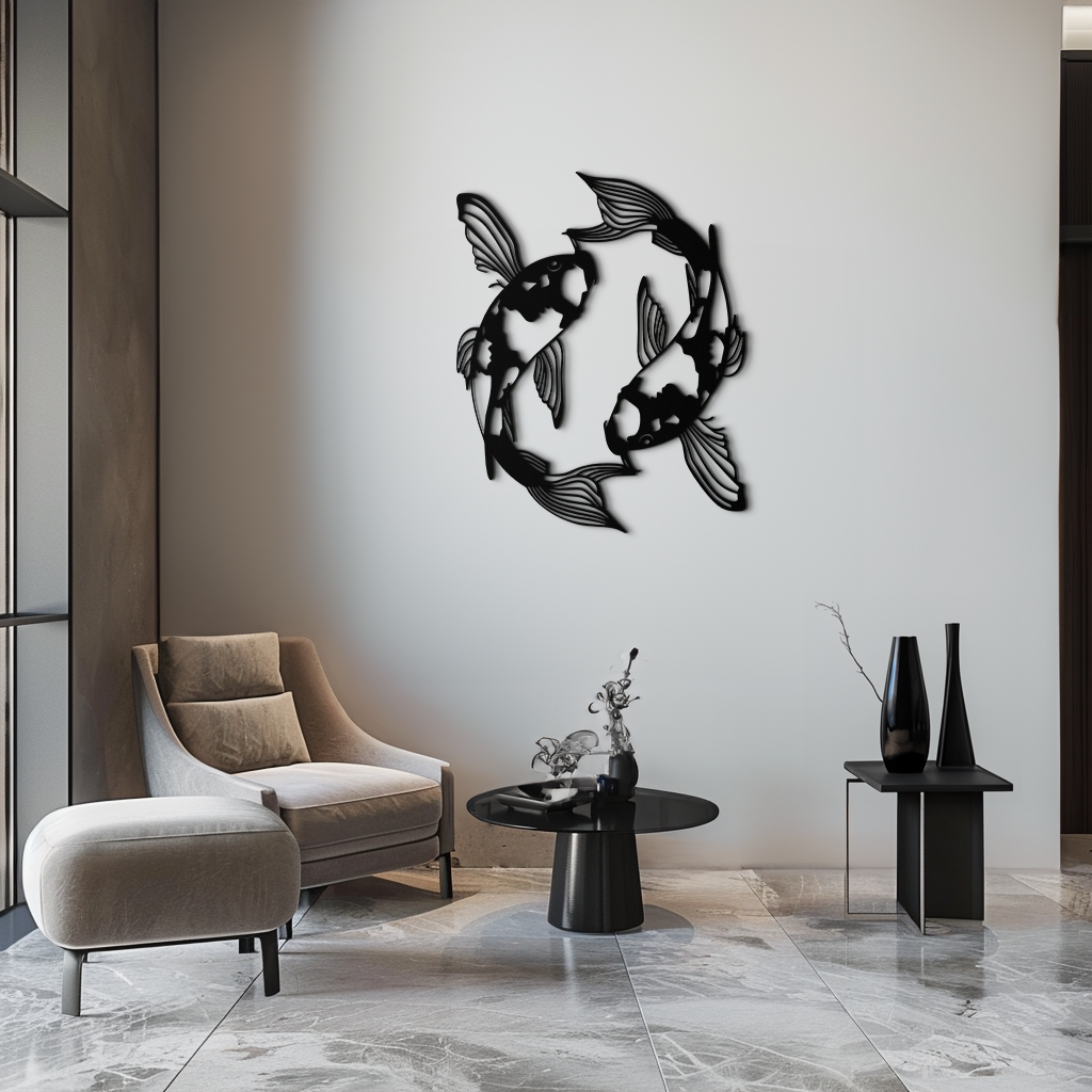 Koi Fish Yin Yang Metal Wall Art - Zen Inspired Steel Wall Decor - KAF