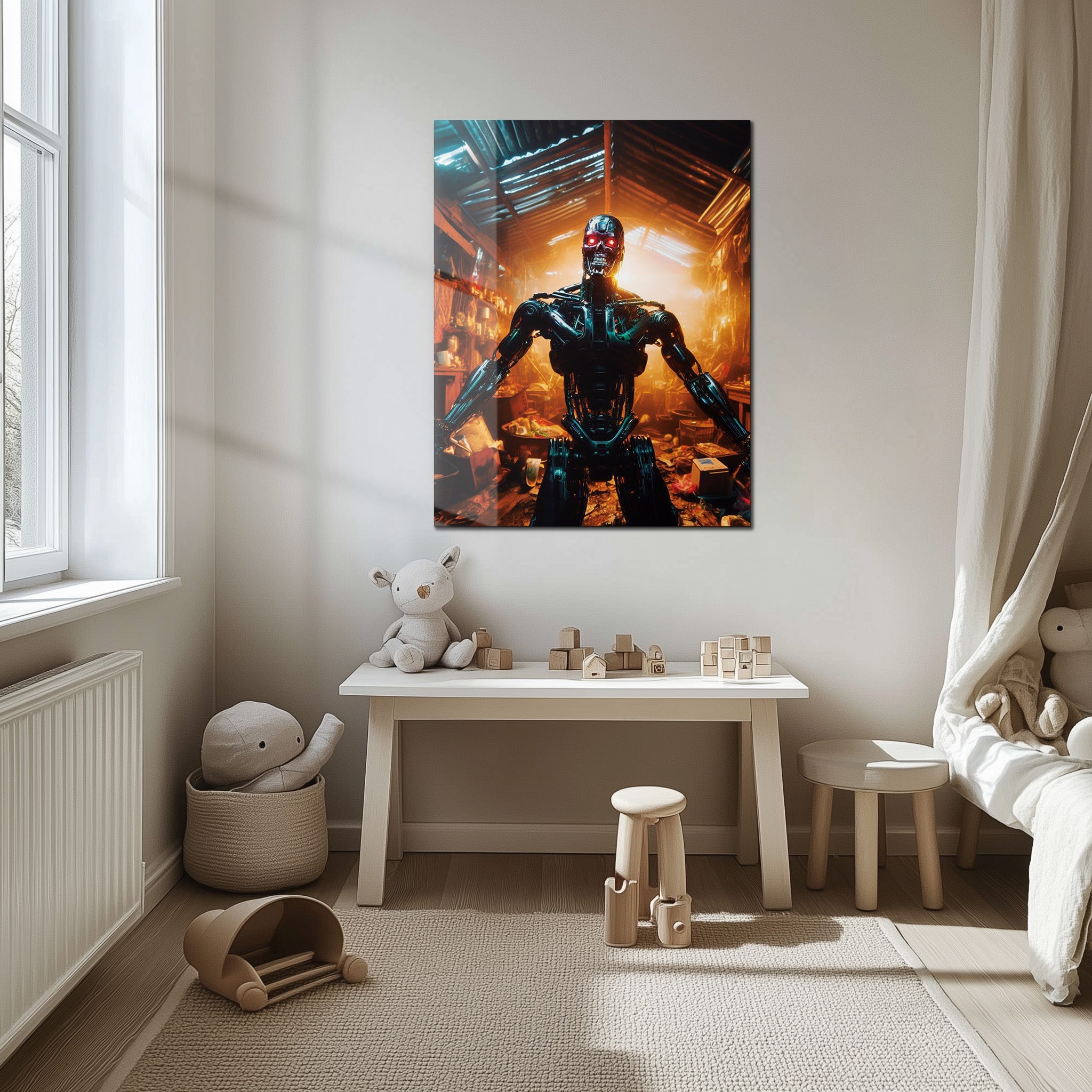 Dystopian Cyborg Encounter – UV Printed Sci-Fi Glass Wall Art for Futu
