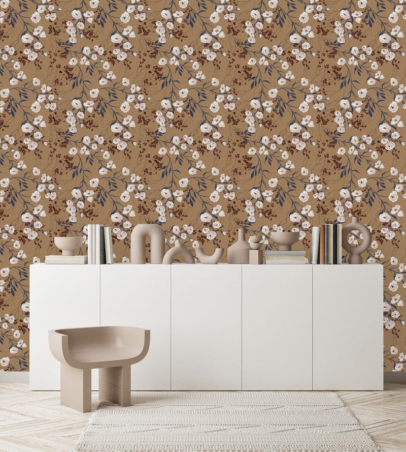 Dark Beige Wallpaper with Pink Flowers