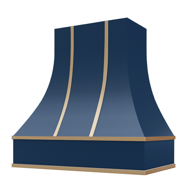 Navy Blue Range Hood With Curved Front and Brass Strapping - 30", 36",