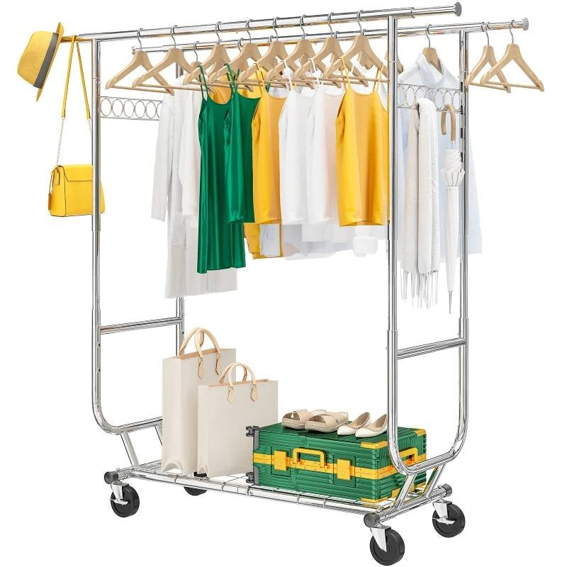 Heavy Duty Double Bar Clothes Garment Rack on Wheels - 600 lbs Capacit