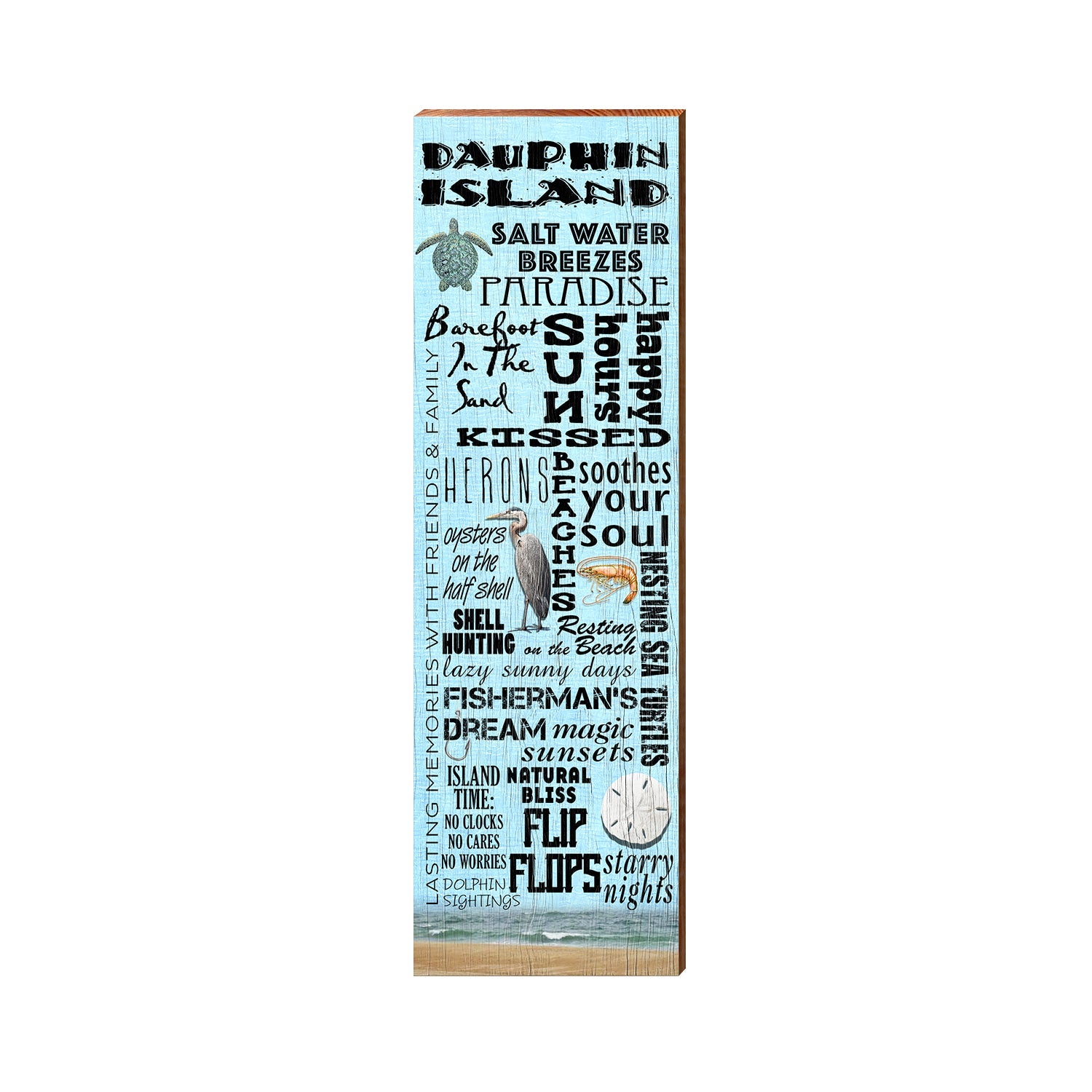 Dauphin Island Coastal Blue Word Collage | Wall Art Print on Real Wood