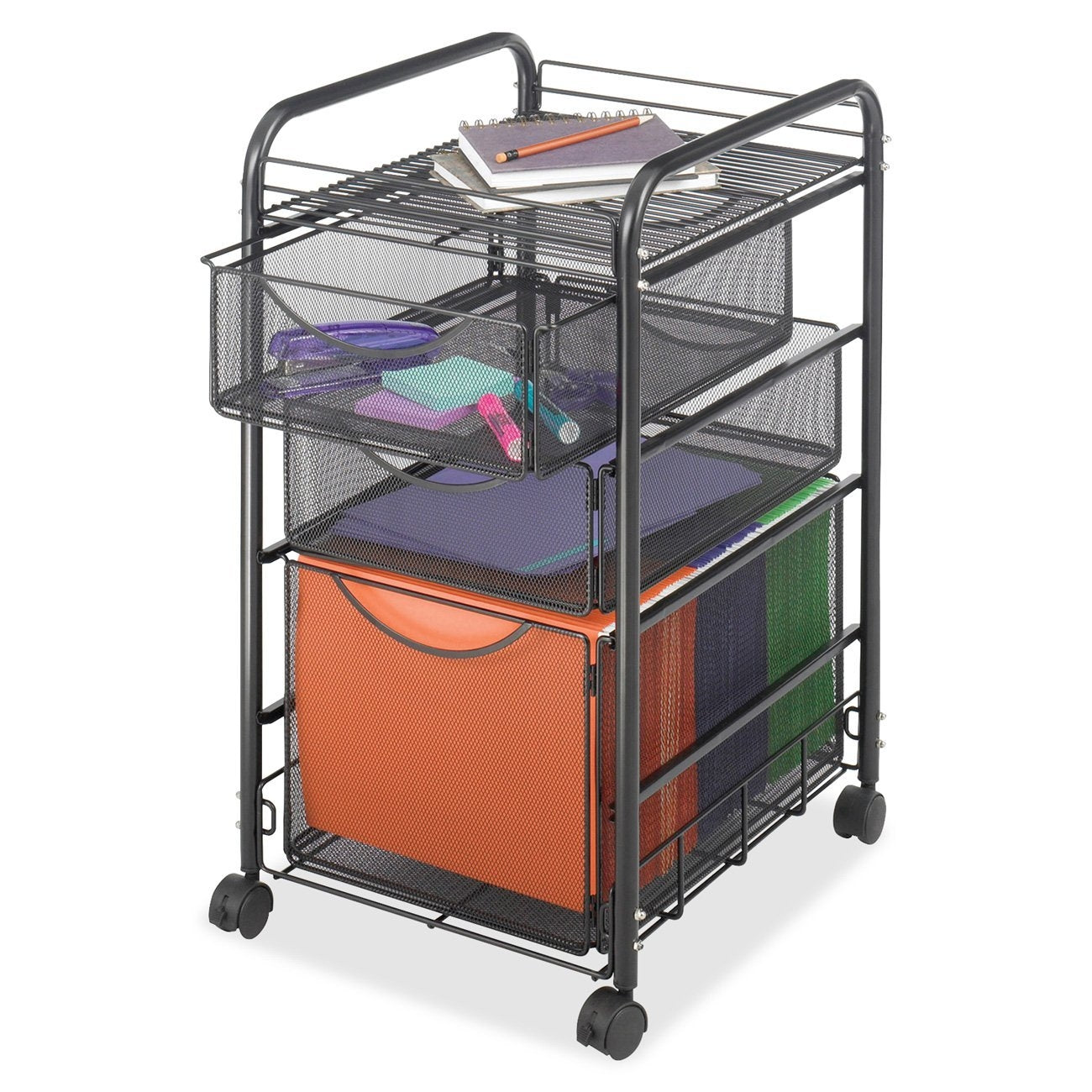 Black Metal Steel Mesh Mobile Filing Cabinet Cart with 2 Drawers and W