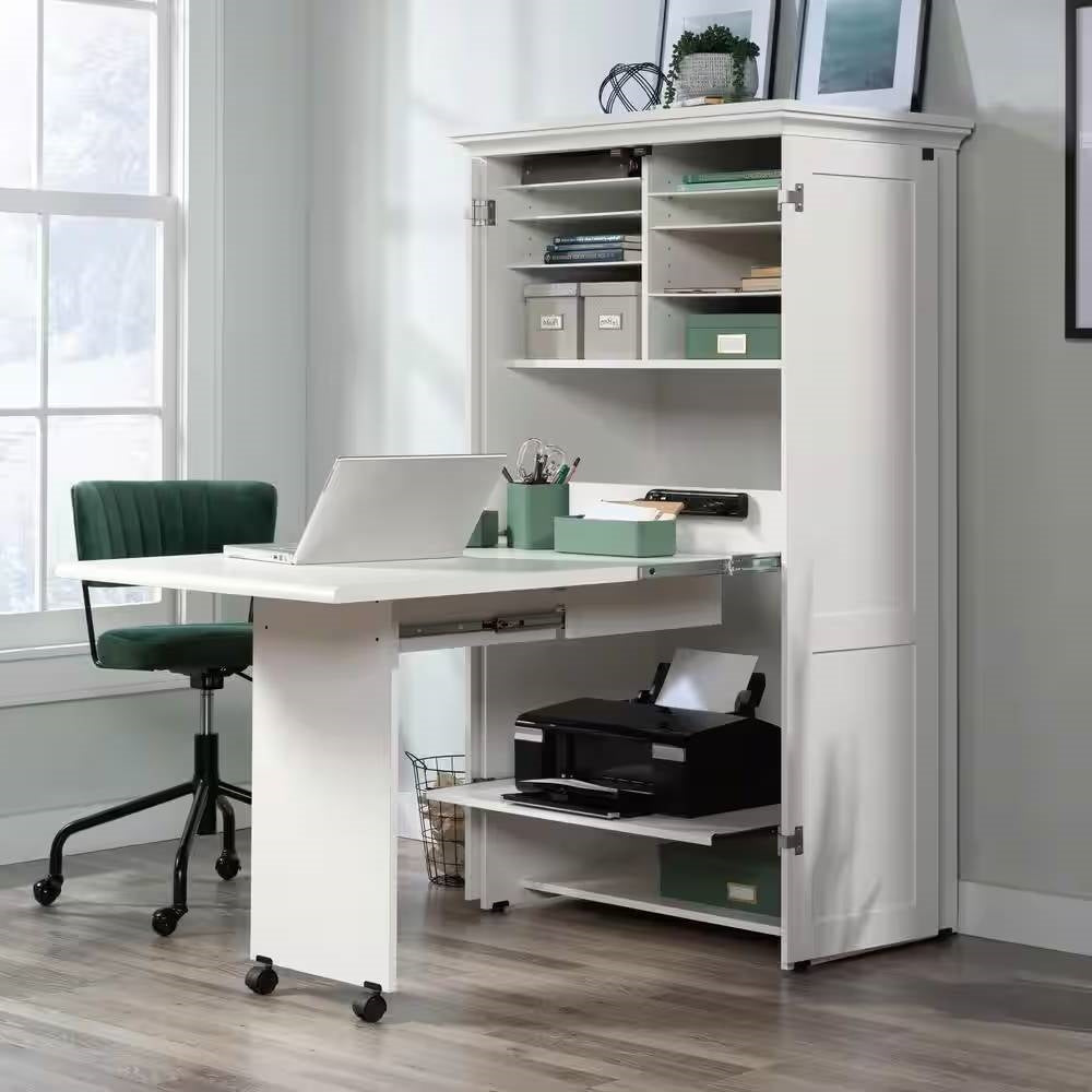 Drop Leaf Computer Desk Craft Table Armoire in White Wood Finish - Mad