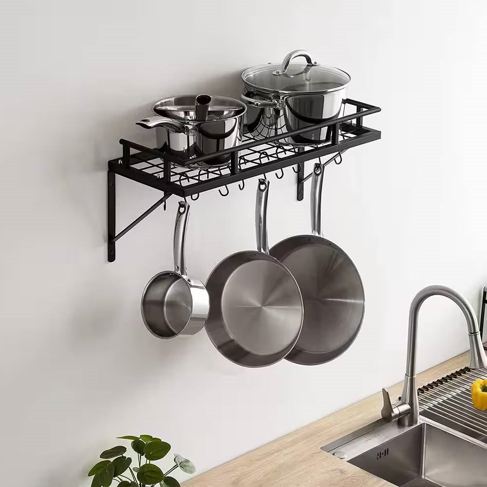 Matte Black Stainless Steel Wall Mounted Pot Rack with 10 Hanging Hook