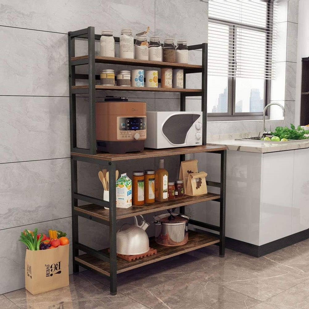 Industrial Modern Kitchen Bakers Rack Brown Woodgrain Sturdy Metal Fra