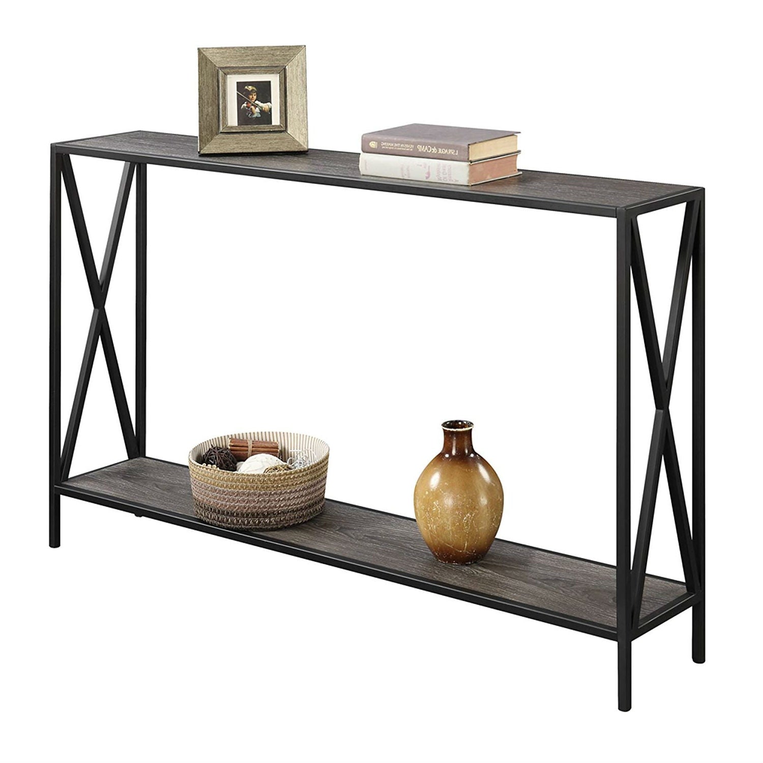 Weathered Grey Wood Console Sofa Table with Bottom Shelf and Metal Fra
