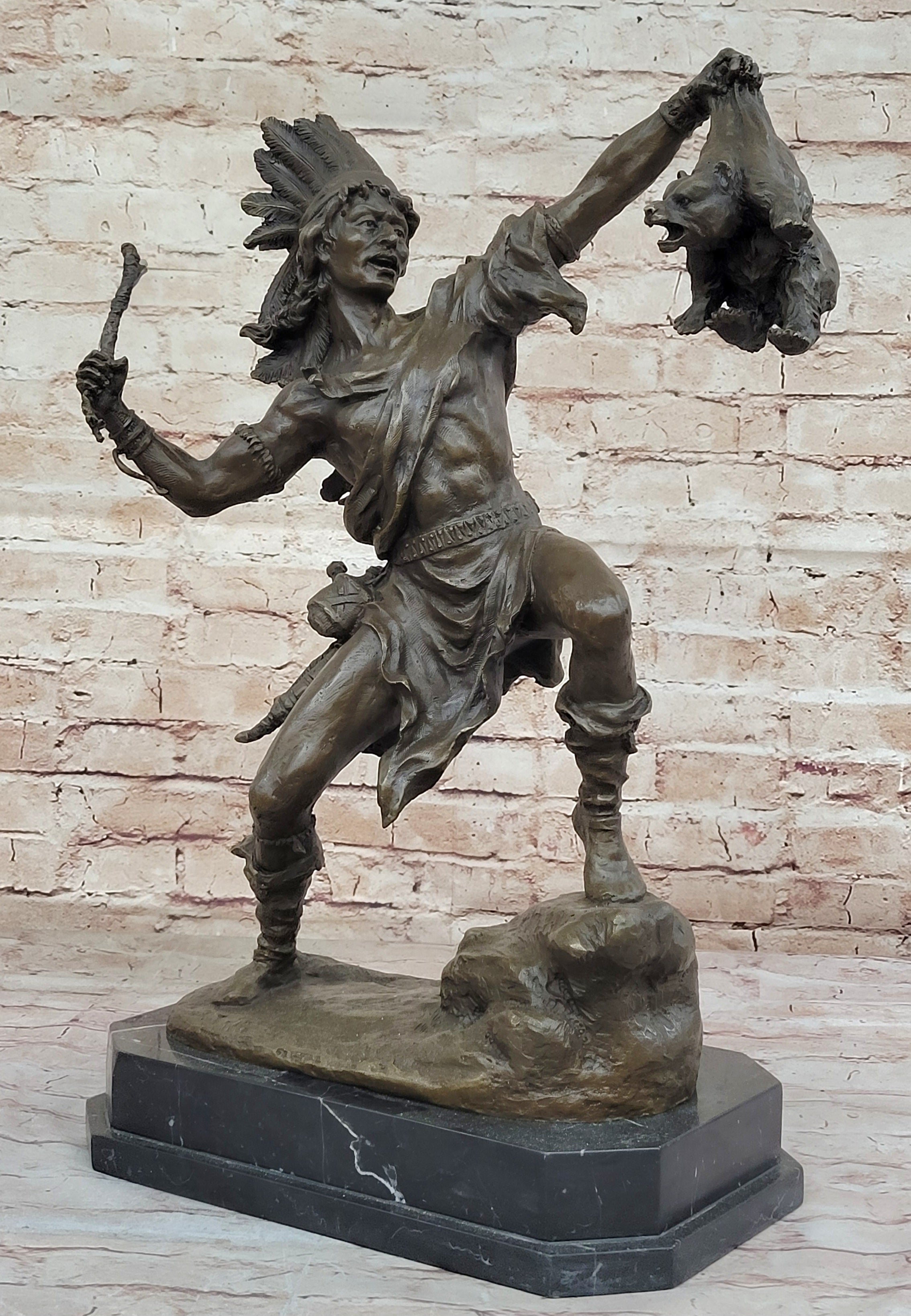 Bronze Sculpture of Native American Indian Shaman Medicine Man w/ Bear