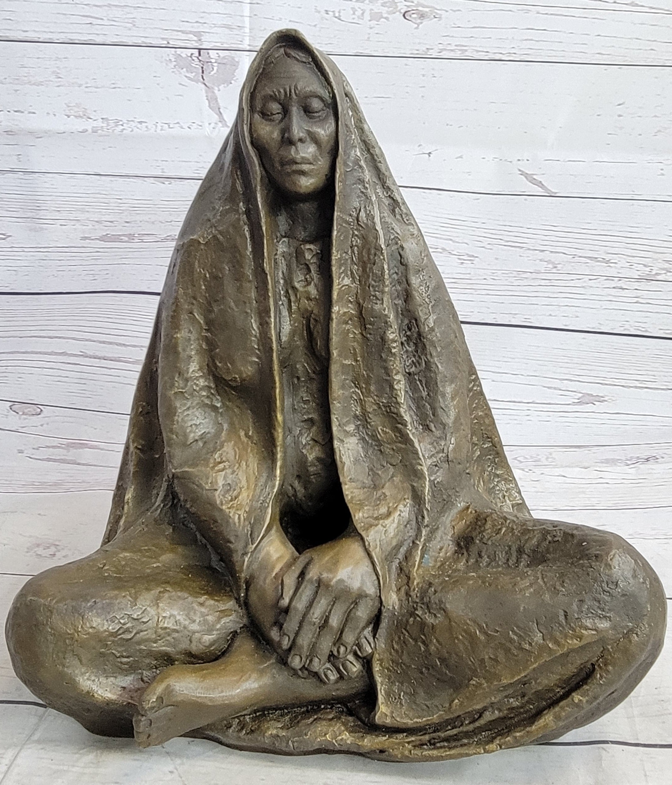 Native American Art Indian w/ Cloak Meditating Bronze Sculpture Figure