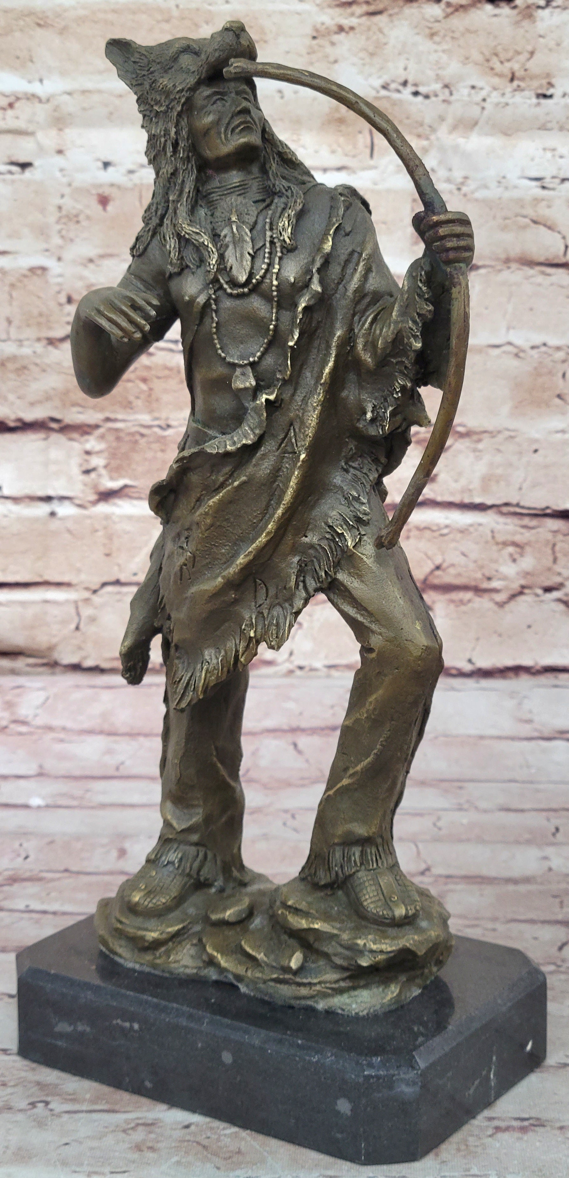Bronze Mohican Indian Warrior Chief Art Marble Base Sculpture Native A