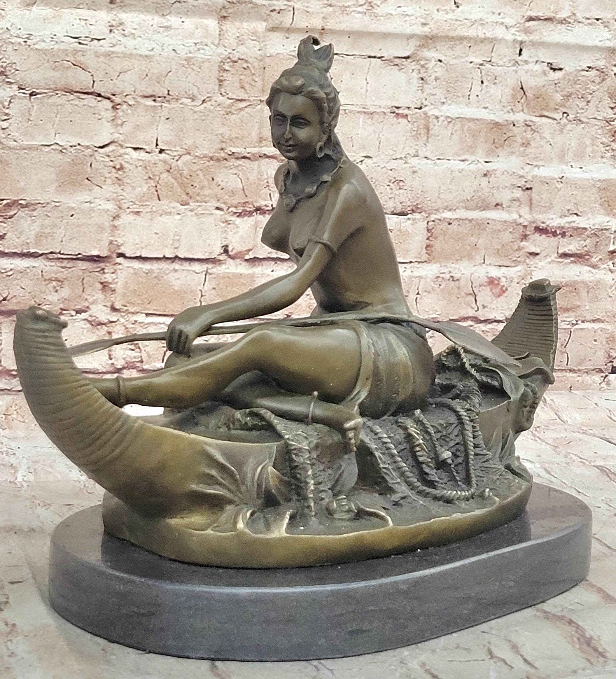 Semi Nude Topless Native American Girl in Canoe Boat Bronze Statue Scu