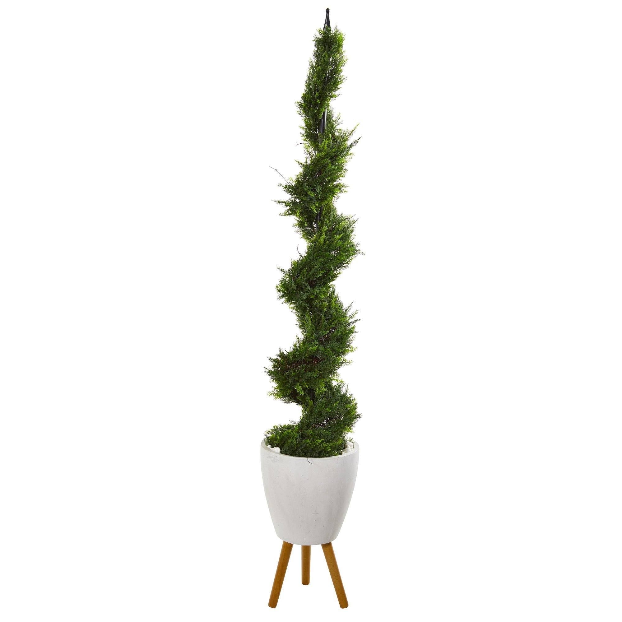75” Cypress Artificial Spiral Tree in White Planter with Stand