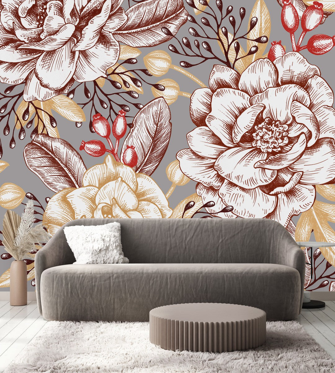 Grey Large Floral Wallpaper