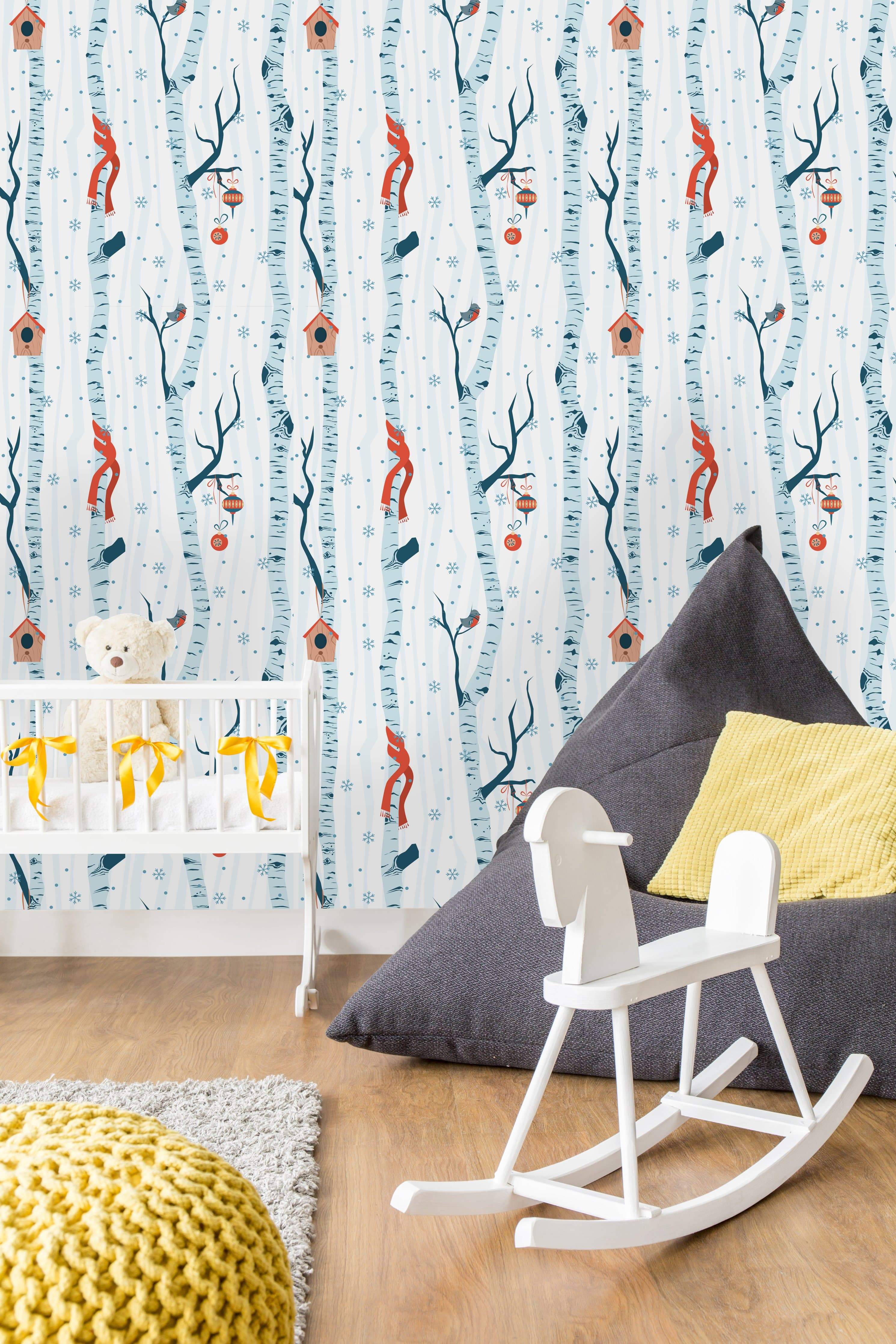 Blue Birch Tree Pattern Wallpaper