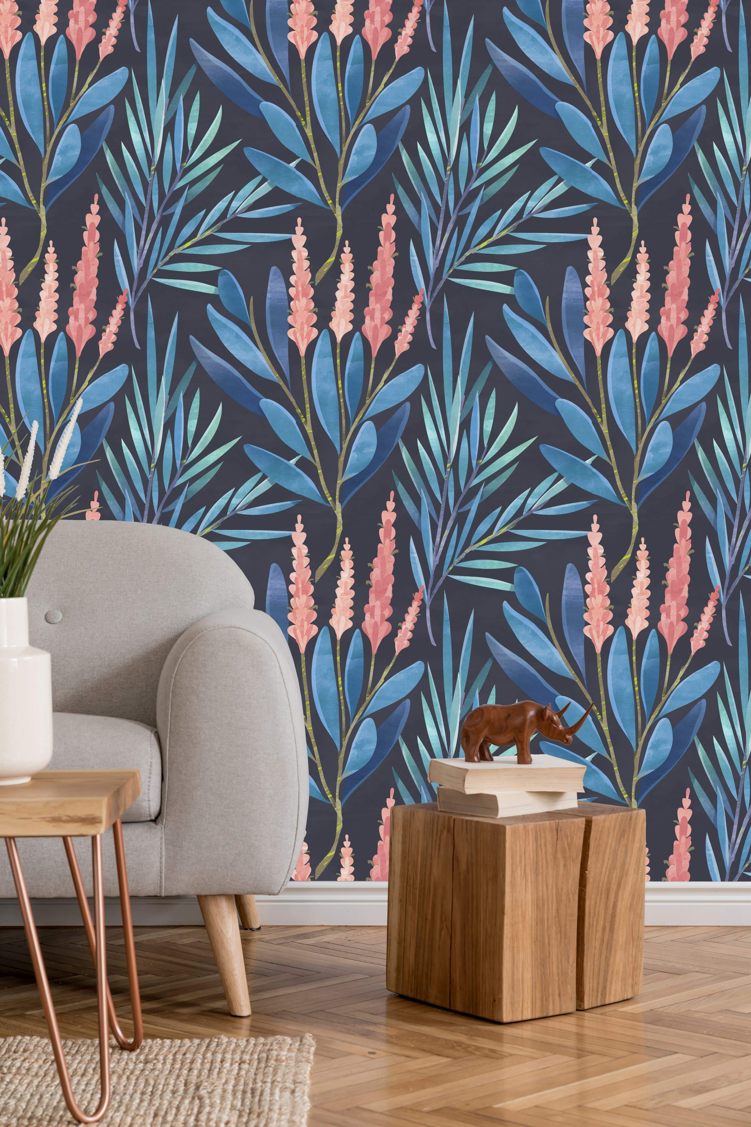 Cattails and Blue Leaves Wallpaper