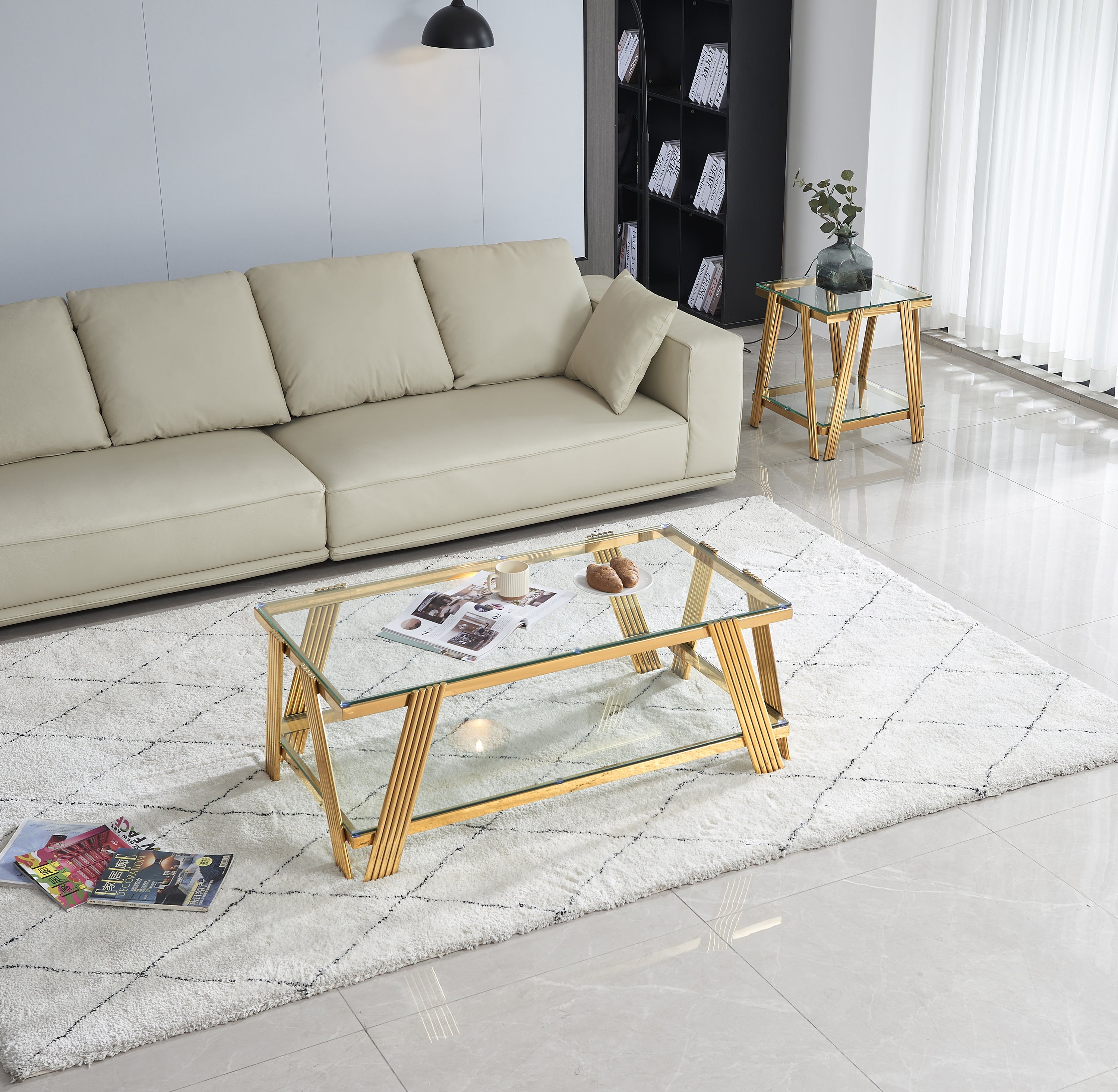 Modern Stainless Steel Coffee Table Set (Set of 2), Double-Layer Clear
