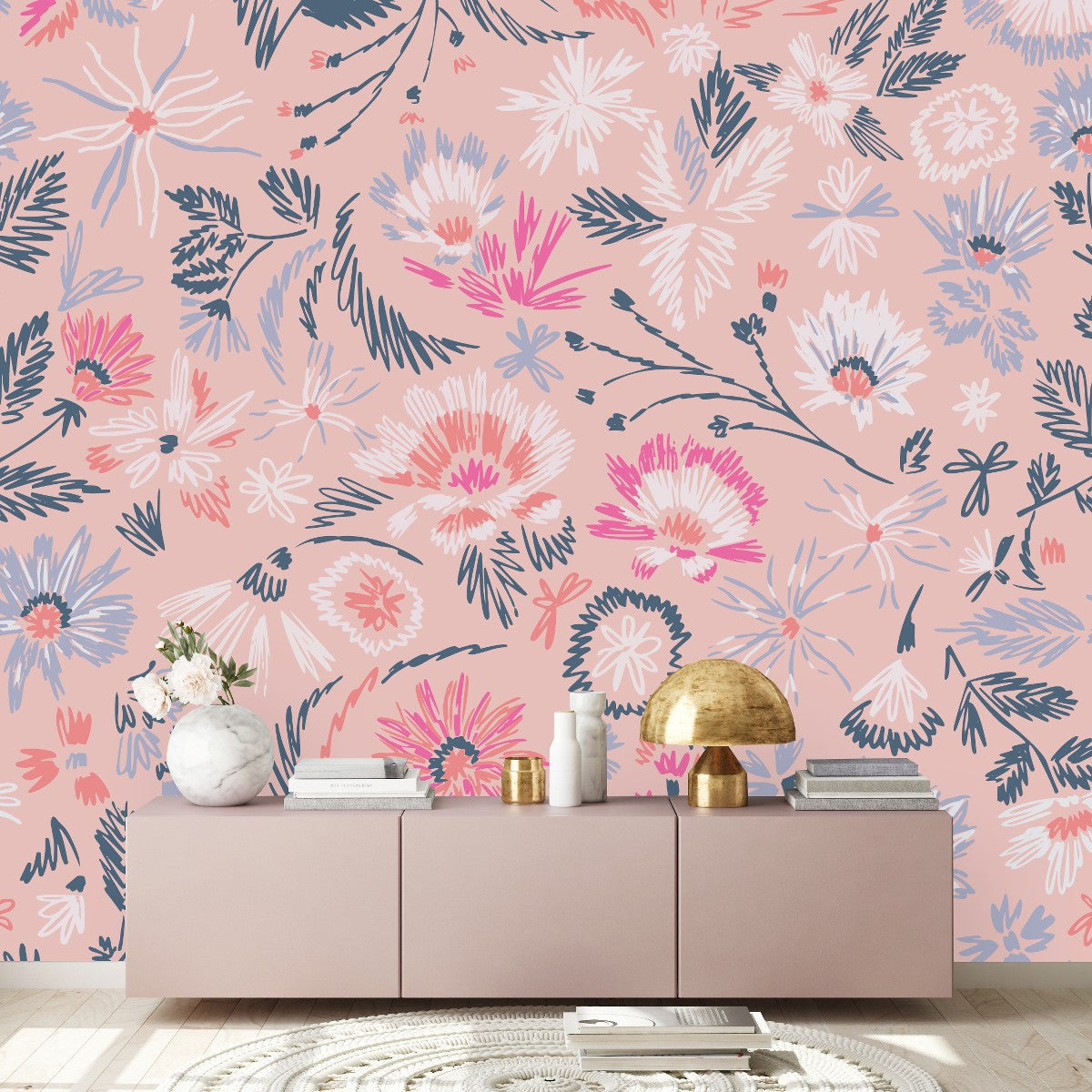Contemporary Modern Pink Floral Modern Wallpaper
