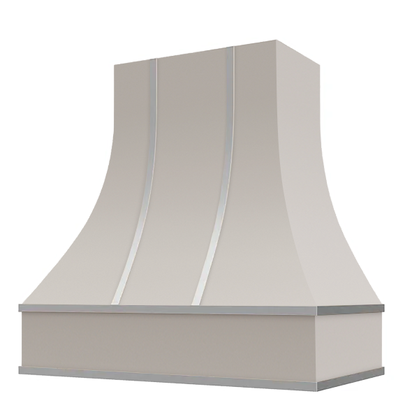 Light Grey Range Hood With Curved Front, Silver Strapping and Block Tr