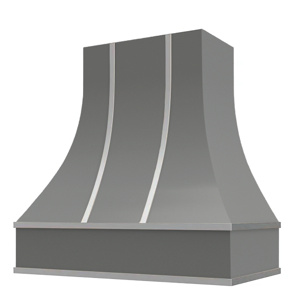 Grey Range Hood With Curved Front, Silver Strapping and Block Trim - 3