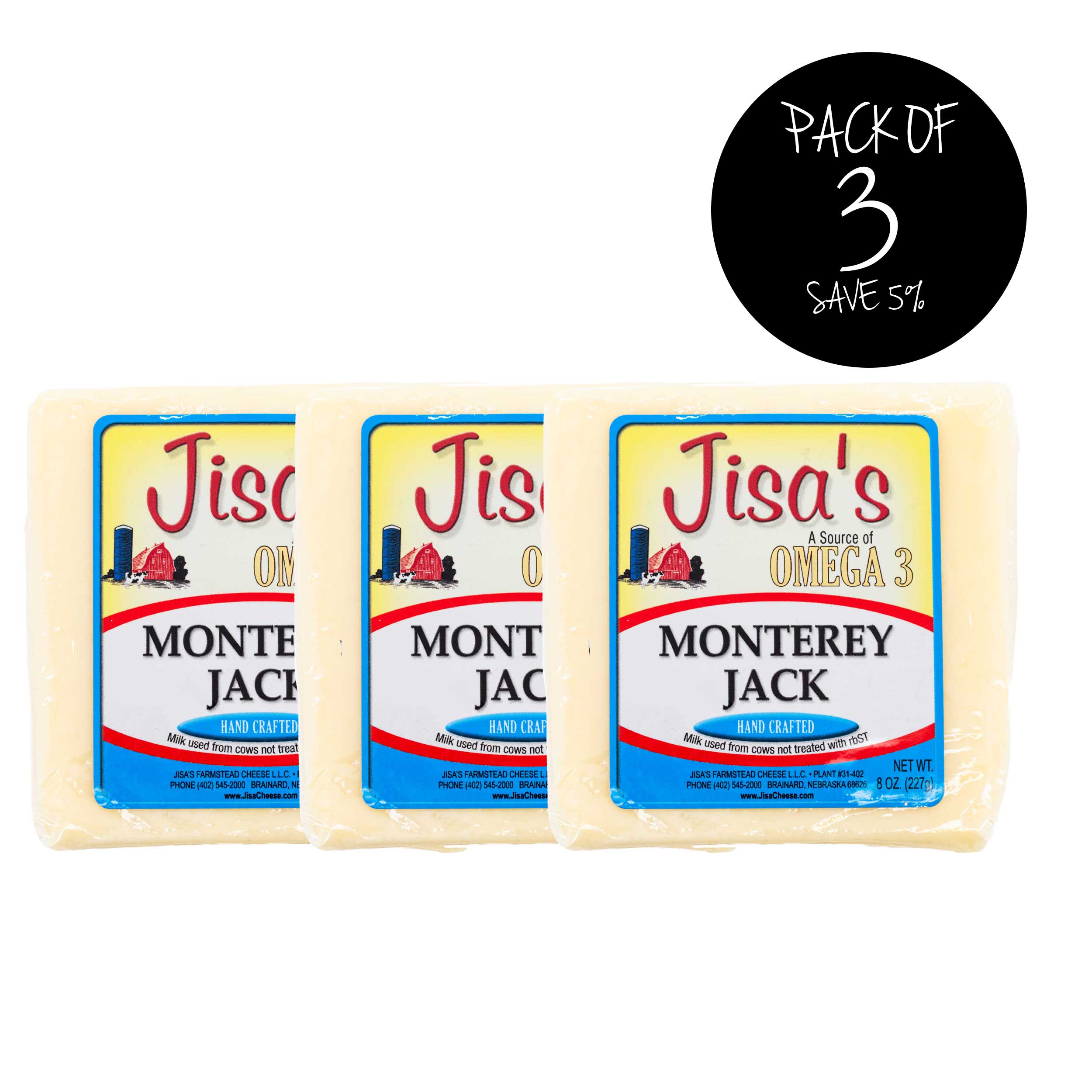 Monterey Jack Cheese Block | Pack of 3 | 8 oz | Jisa's Farmstead Chees