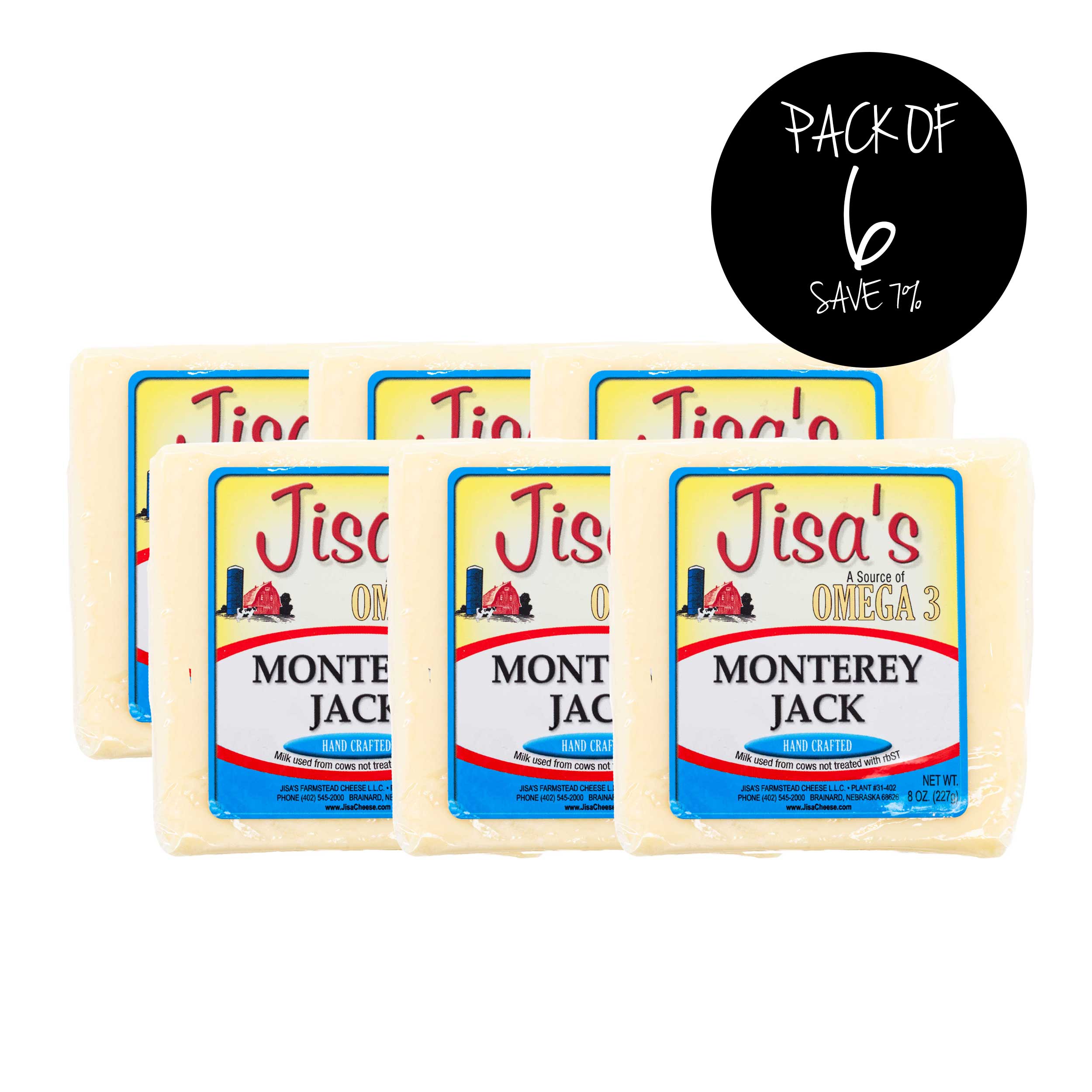 Monterey Jack Cheese Block | Pack of 6 | 8 oz | Jisa's Farmstead Chees