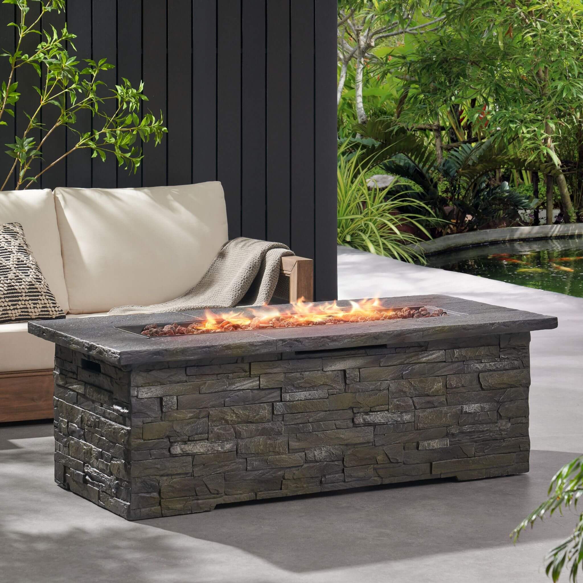 Premium 56" Outdoor Rectangular Concrete Propane Fire Pit W/ Faux Ston