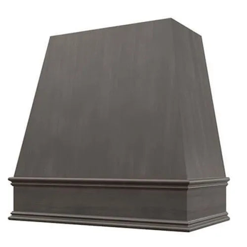 Stained Gray Wood Range Hood With Tapered Front and Decorative Trim