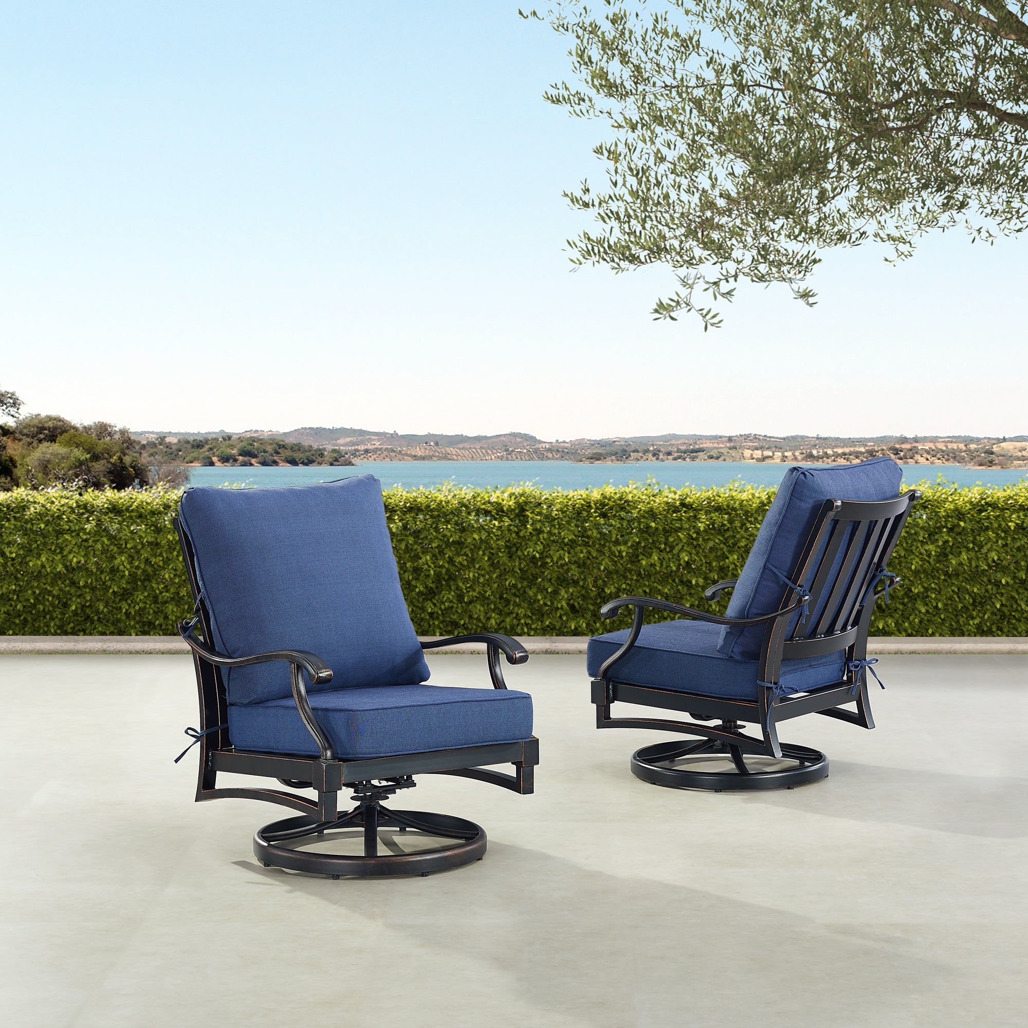 Pair of Black Aluminum Deep Seating Swivel Rocker Club Chairs with Cus