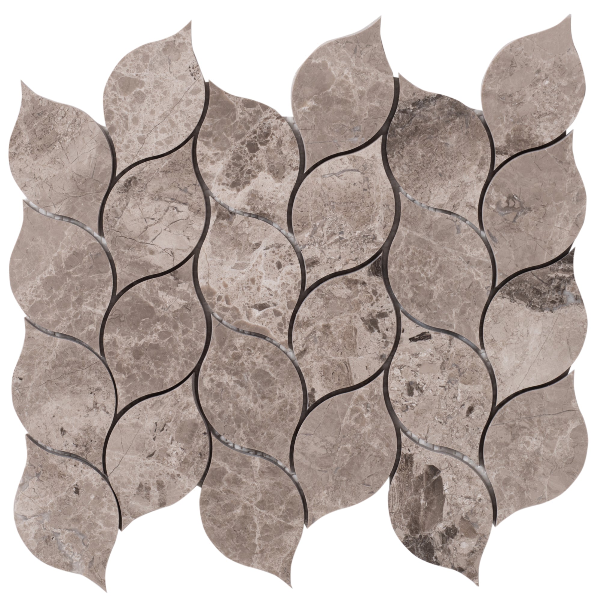 Silver Shadow Marble Leaf Design on 12" x 12" Mesh Mosaic Tile - Belai