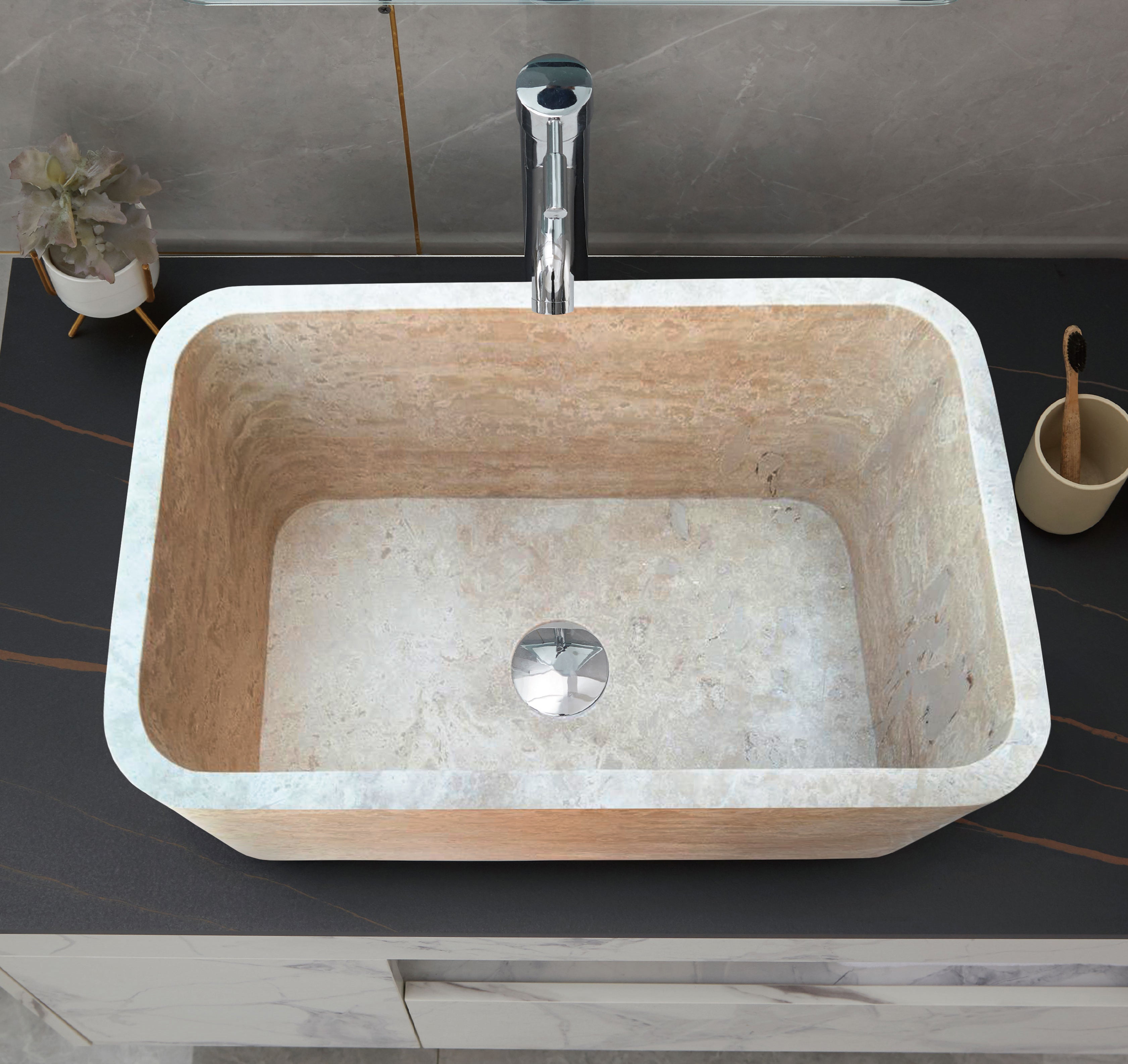 Troia Light Travertine Rectangular Farm Sink Honed | Villohome.com